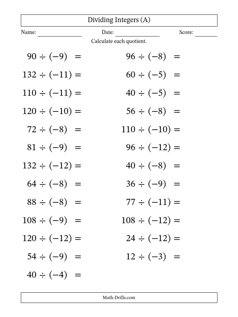 Integers Worksheet - Dividing Positive by Negative Integers From - 12 ...