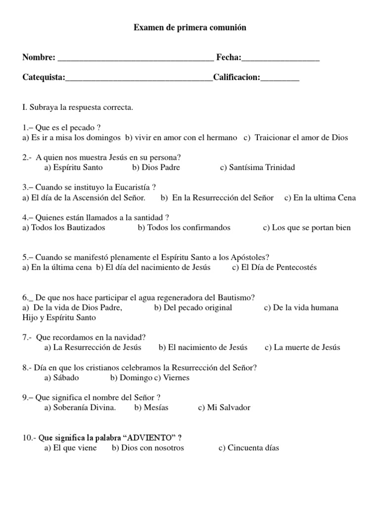 Examen de Primera Comunión | PDF | eucaristía | Confirmación