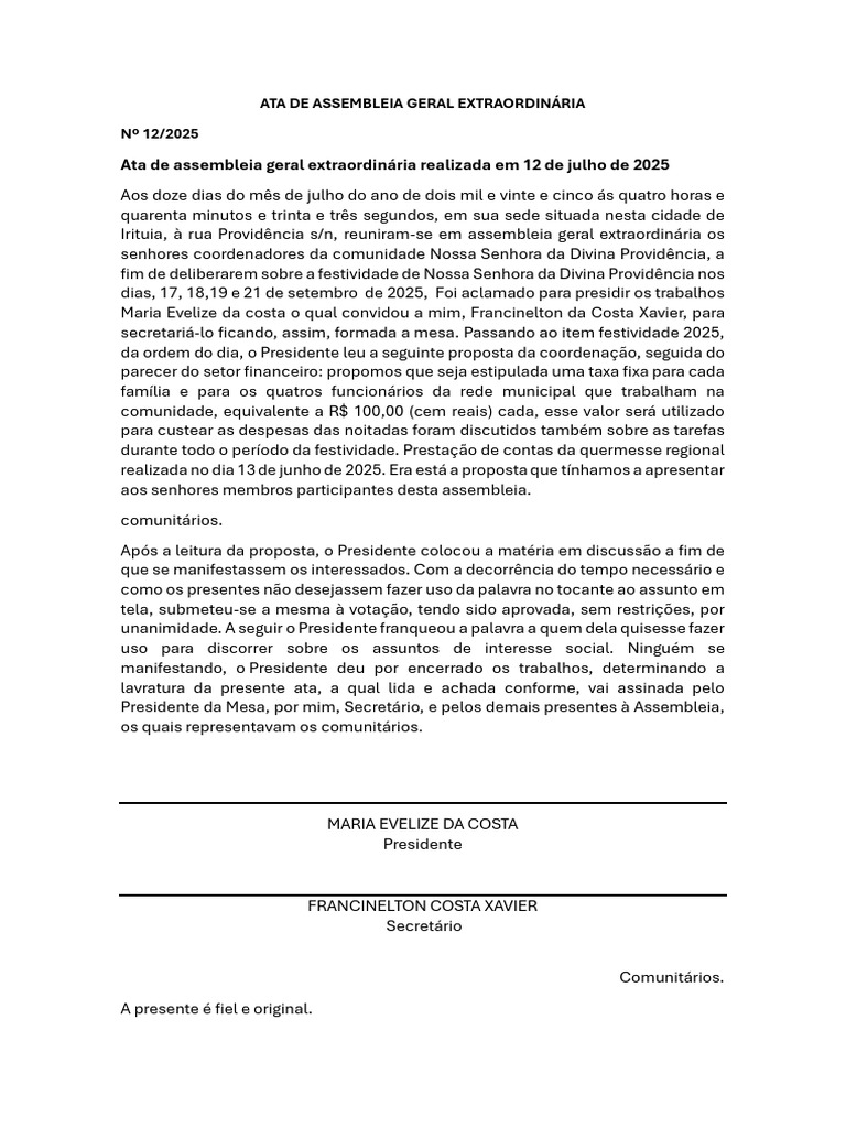 Ata da Assembleia sobre Festividade 2025 | PDF
