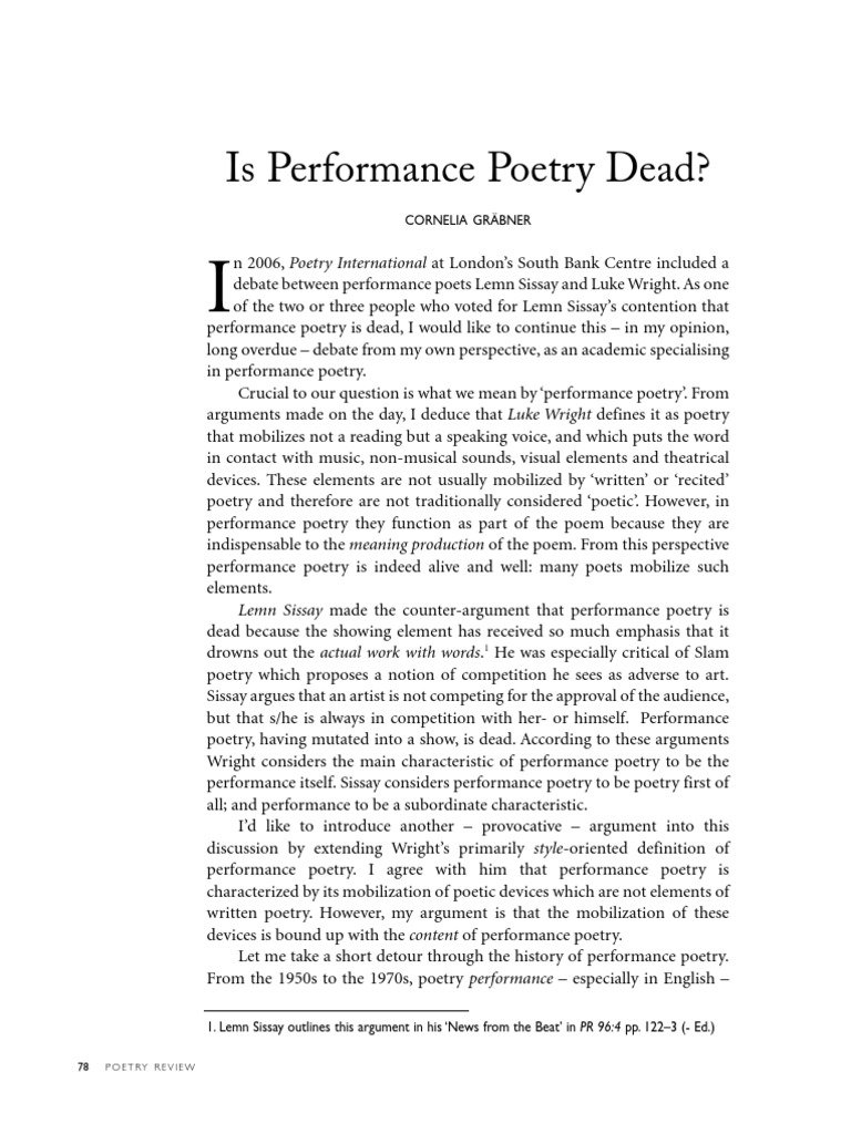 Is Performance Poetry Dead, Grabner | PDF | Poetry | Traditions