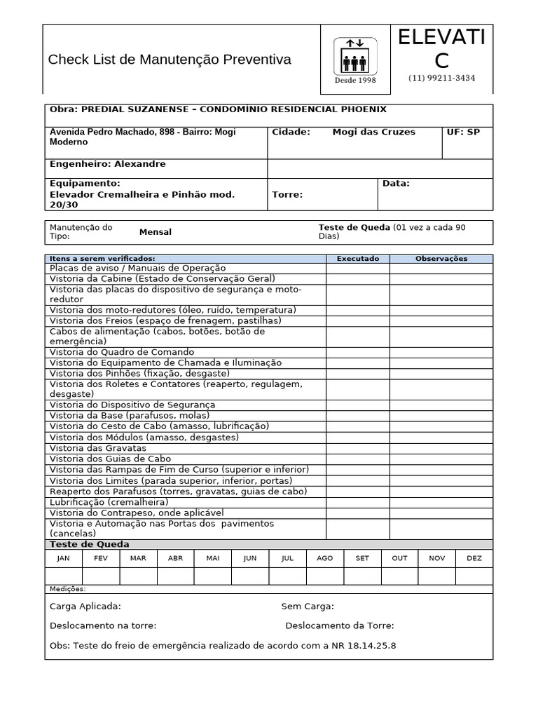 Check List Manutenção Elevadores 2023 | PDF