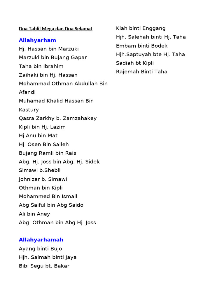 Doa Tahlil Mega Dan Doa Selamat | PDF