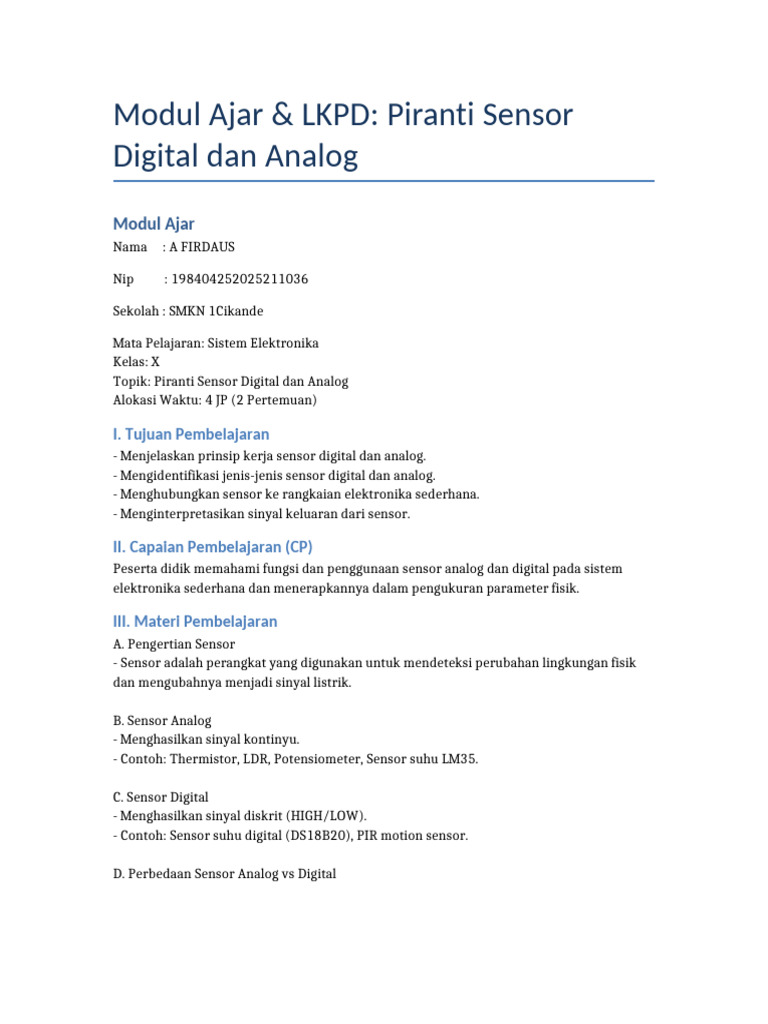 Modul Ajar LKPD Sensor Digital Analog | PDF