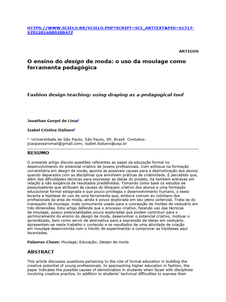 Moulage no Ensino de Design de Moda | PDF | Aprendizado | Moda