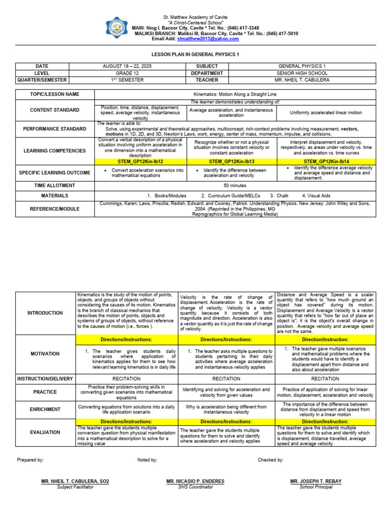 Weeks 4 Gen Physics 1 Weekly Lesson Plan | PDF | Velocity | Acceleration