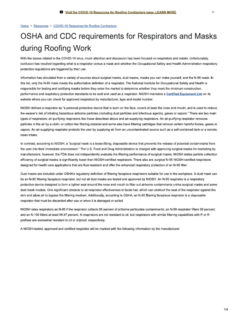 OSHA and CDC Requirements For Respirators and Masks During Roofing Work ...