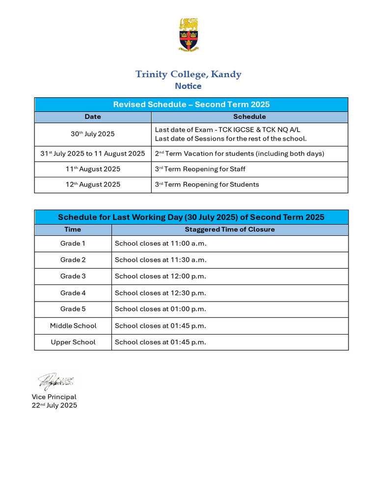 Revised Schedule For Parents - Second Term 2025 | PDF