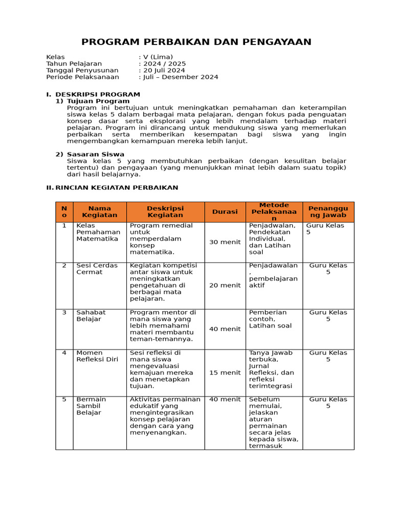 Program Perbaikan dan Pengayaan Kelas 5 | PDF
