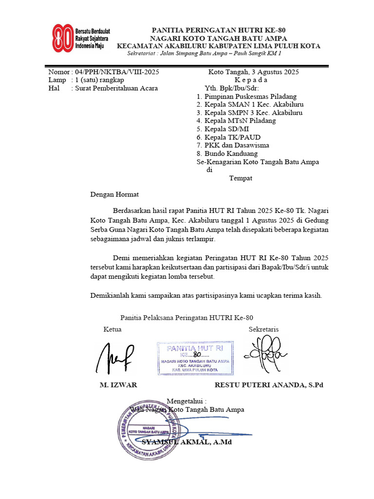 Kegiatan HUT RI Ke-80 Koto Tangah 2025 | PDF