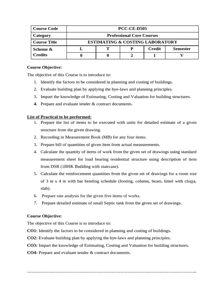 PCC-CE-D505 Estimating & Costing Lab | PDF