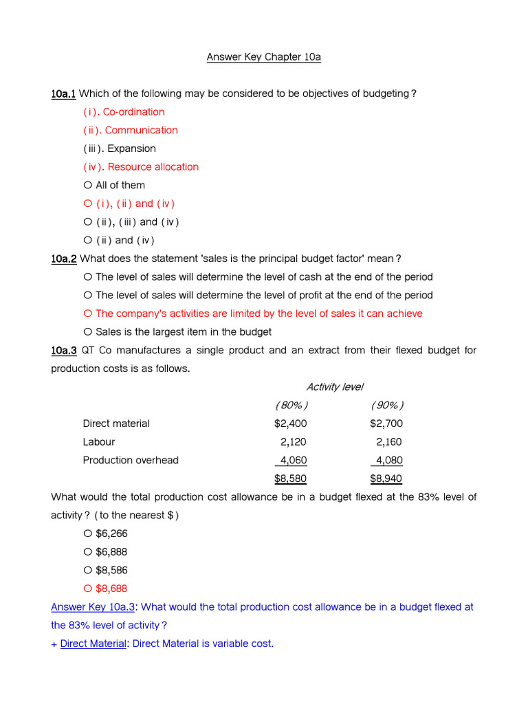 Answer Key Chapter 10a - Budgeting | PDF | Cost Of Goods Sold | Spreadsheet