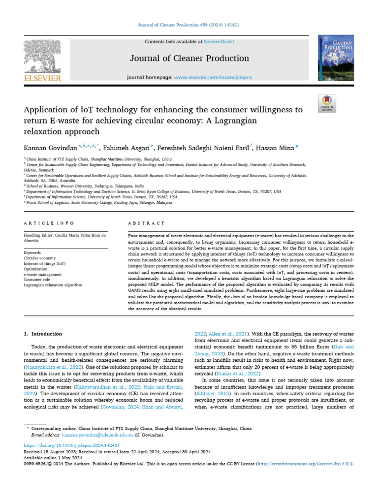 Journal of Cleaner Production: Kannan Govindan, Fahimeh Asgari ...