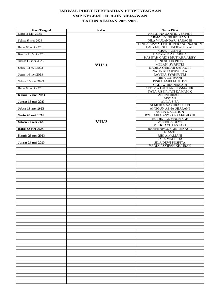 Jadwal Piket Perpustakaan | PDF