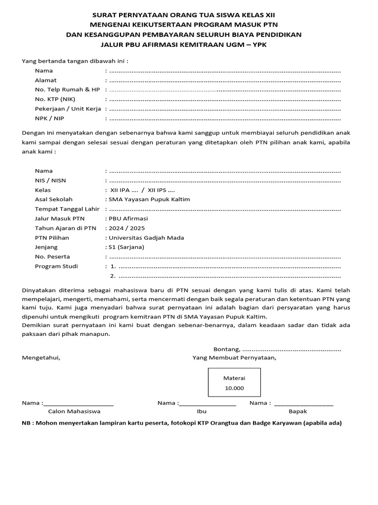 Surat Pernyataan Pbu Master | PDF