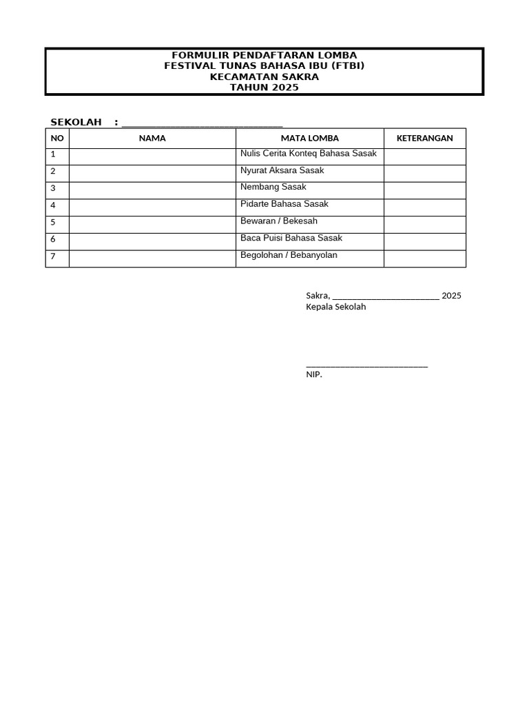 Formulir Pendaftaran Lomba | PDF