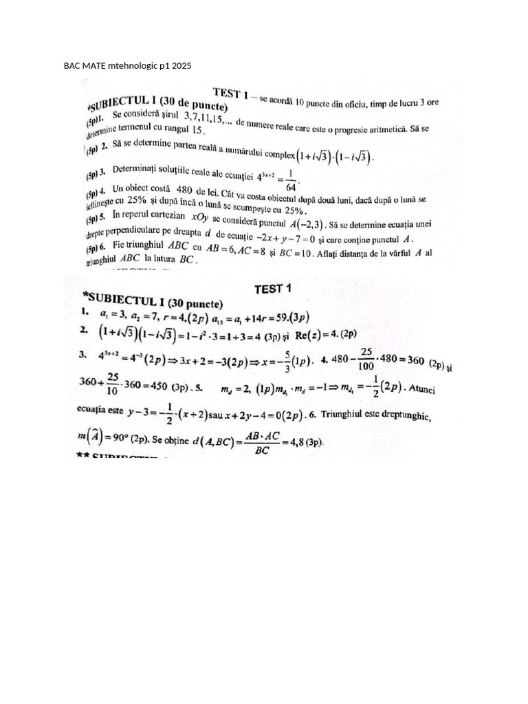 BAC MATE Mtehnologic p1 2025 | PDF