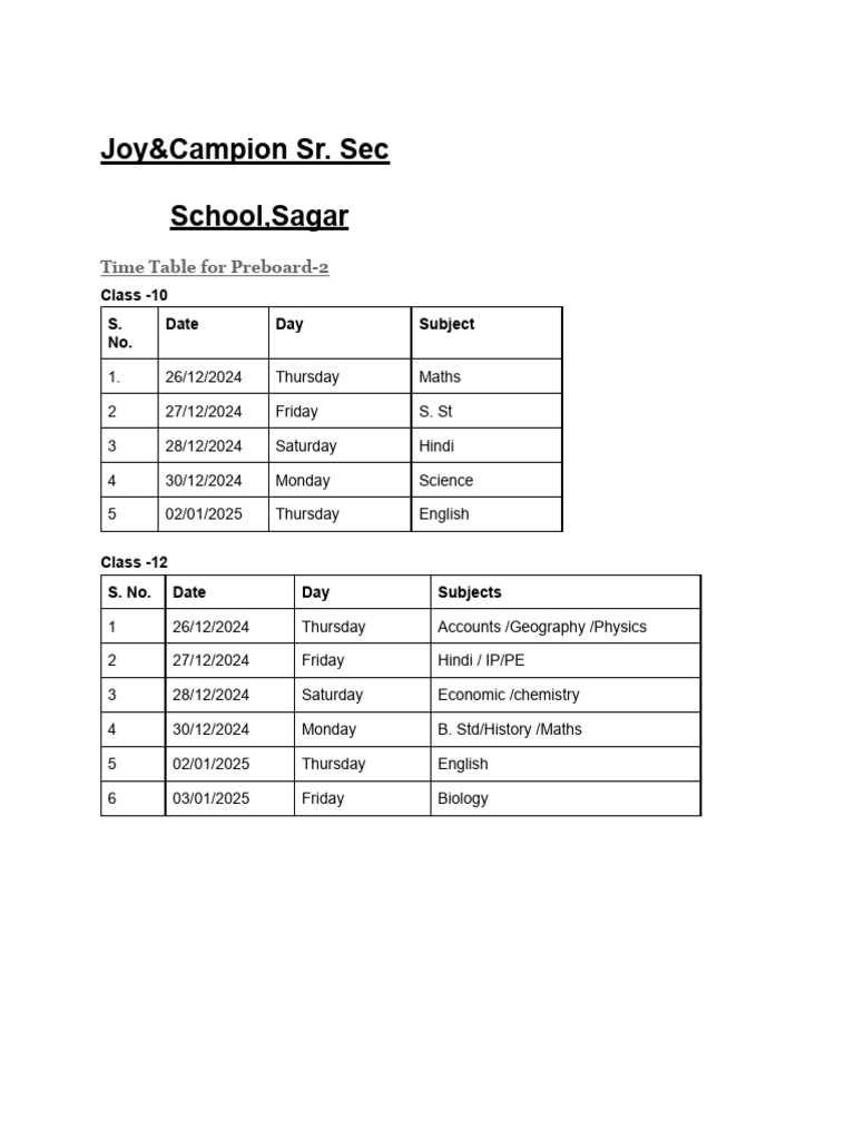 Preboard-2 Time Table | PDF