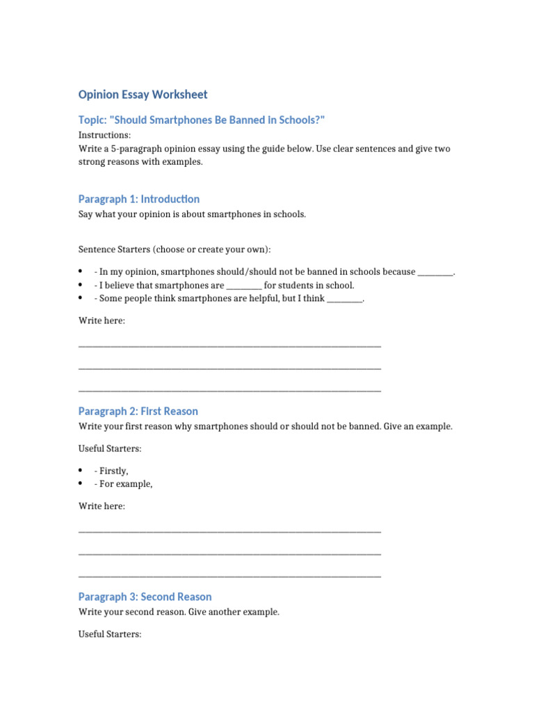 Opinion Essay Worksheet Smartphones in Schools | PDF | Paragraph ...