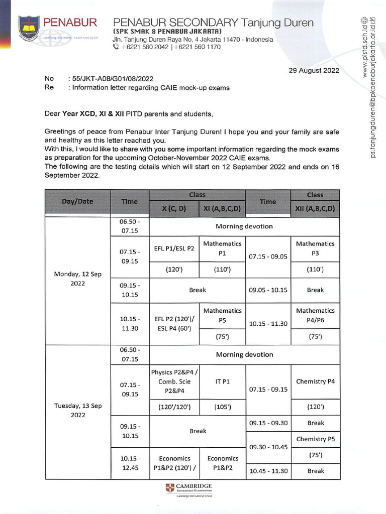 A. Information Letter Regarding Caie Mockup Exams | PDF