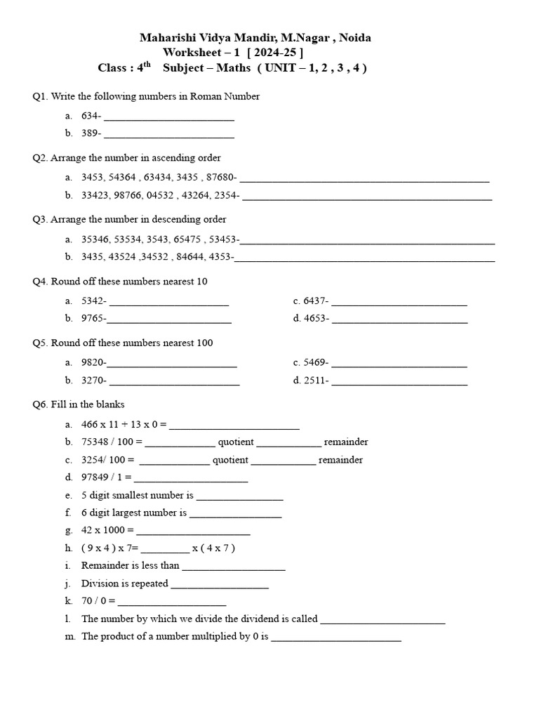 Class 4 Maths Worksheet 2024-25 | PDF | Discrete Mathematics ...