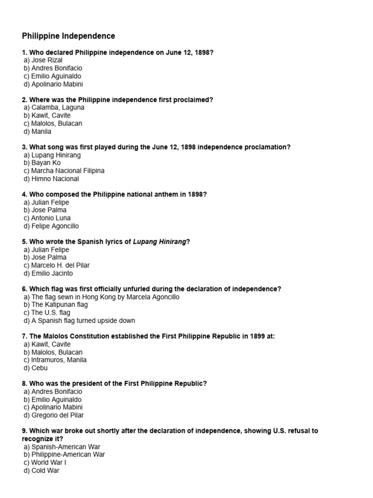 Philippine Independence Quiz and Facts | PDF | President Of The ...