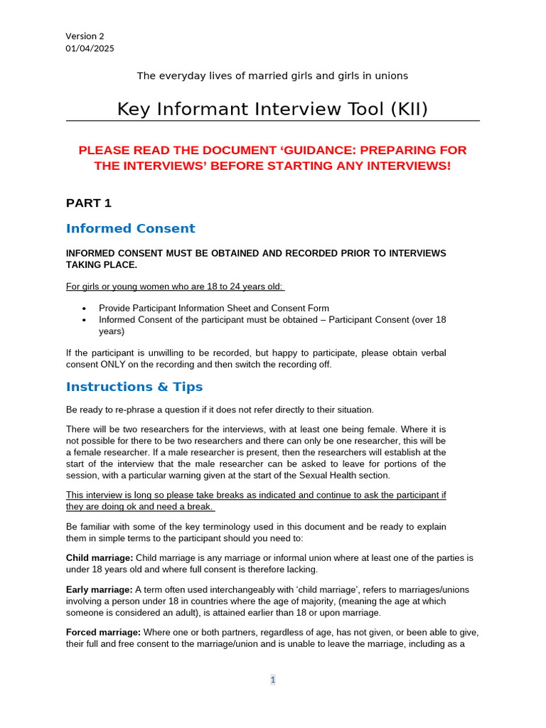 Key Informant Interview Tool for Girls | PDF | Marriage | Child Marriage
