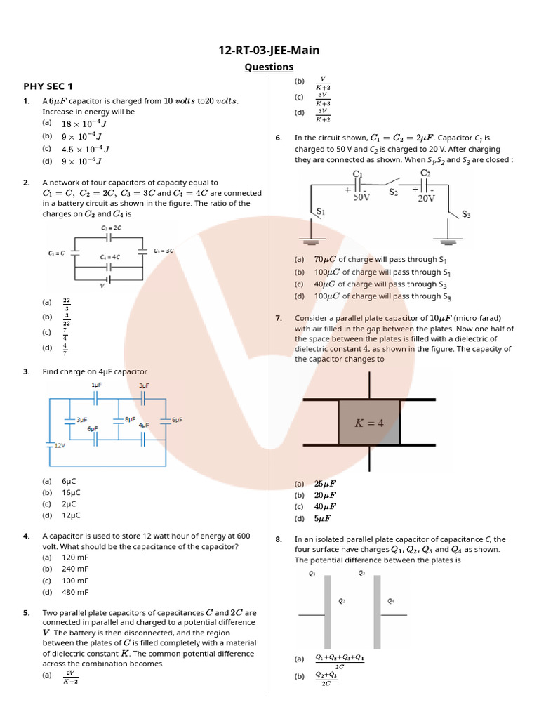 JEE Main Physics Capacitor Questions | PDF | Capacitance | Capacitor