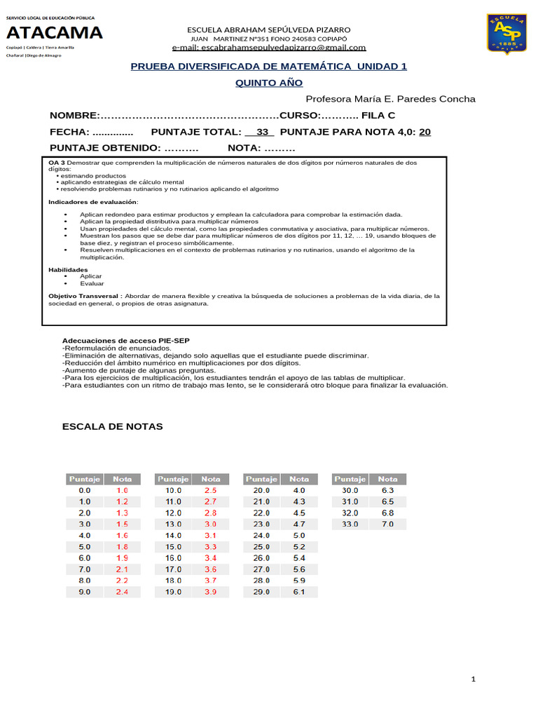 Prueba U1 5° Año OA 3 FILA C PIE-SEP | PDF | Multiplicación | Matemáticas