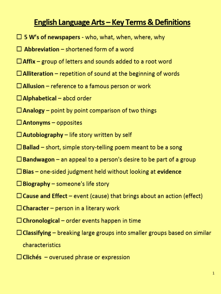 Key Terms in English Language Arts | PDF | Poetry | Word