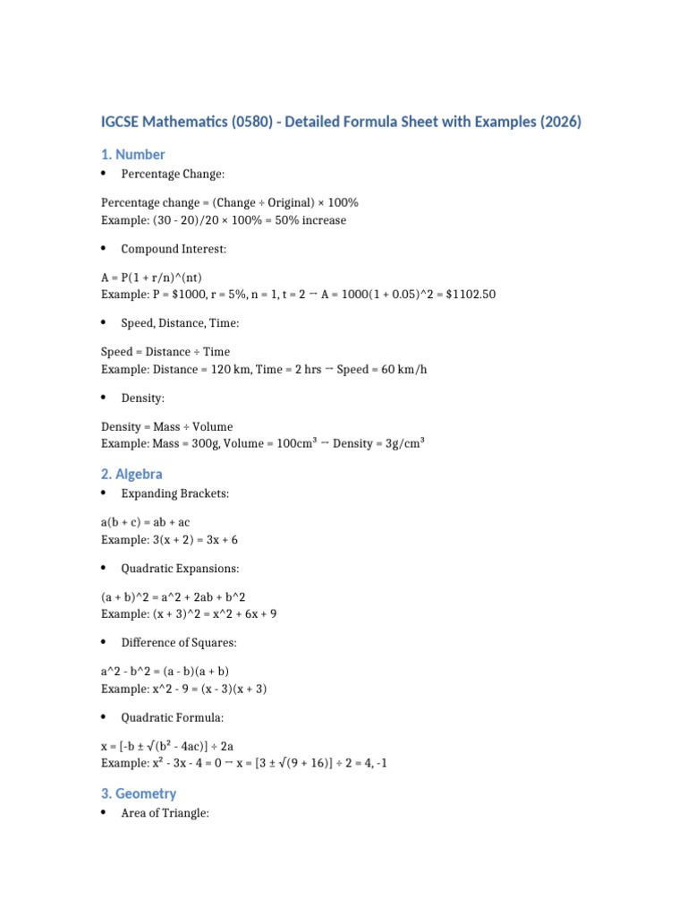 IGCSE Maths Formula Sheet 2026 | PDF