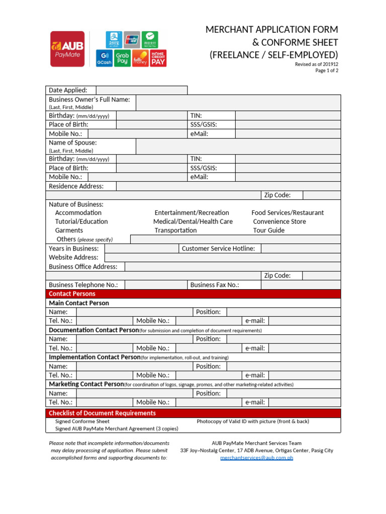 AUB PayMate Freelance Merchant Application Form | PDF | Discovery (Law) | Justice