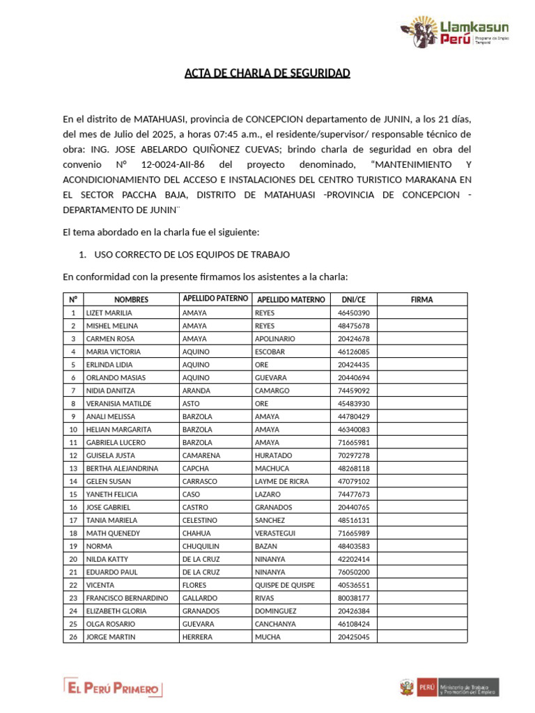 Acta de Charla de Seguridad Ultimo | PDF