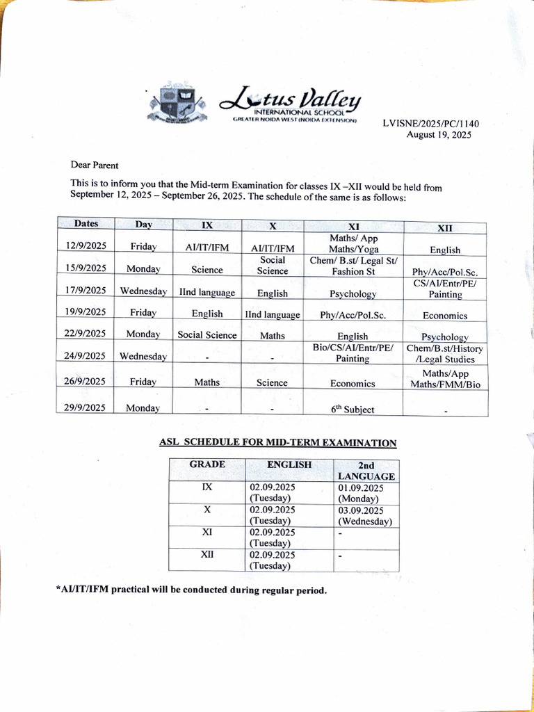 Mid Term Date Sheet 2025-26 | PDF