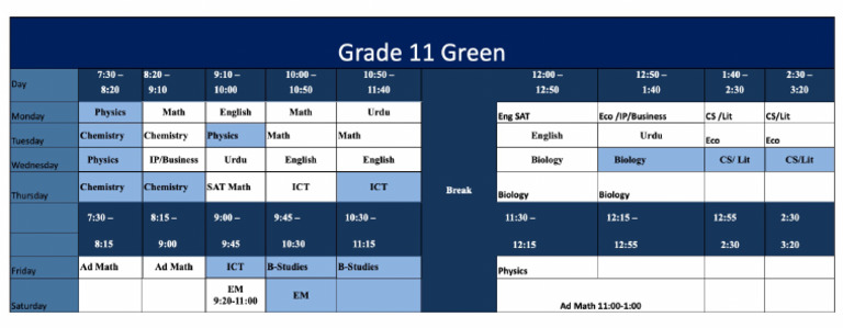 Grade 11 Green Time Table | PDF