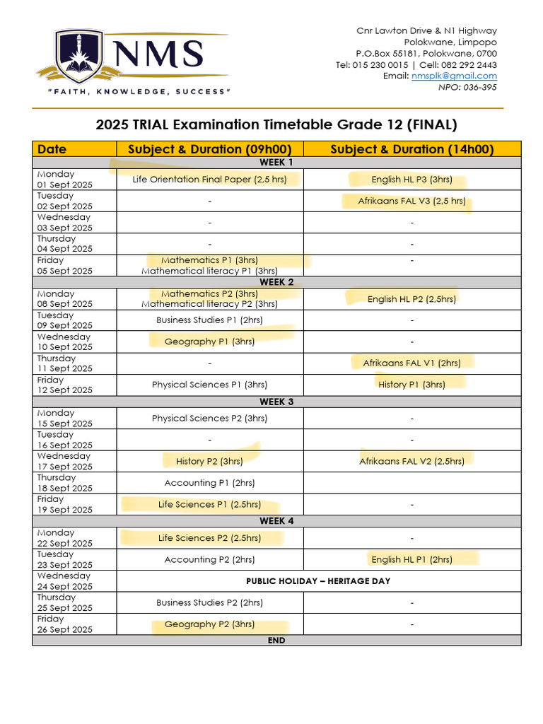 NMS Gr12 TRIAL Exam Timetable - Final | PDF