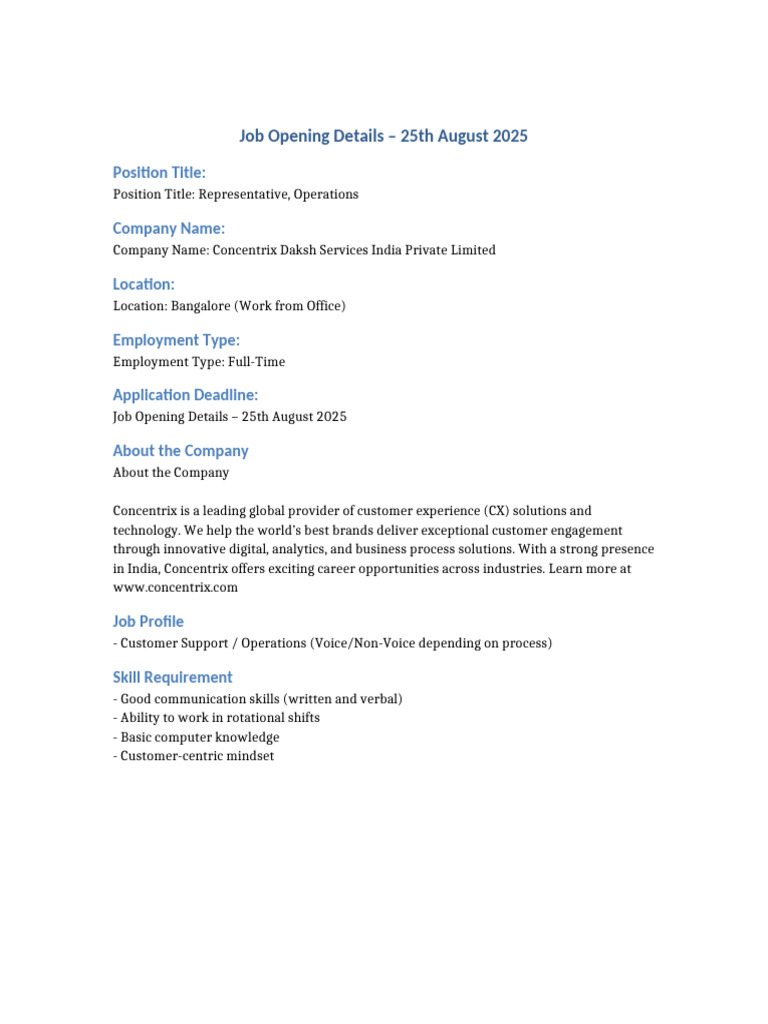 Concentrix Operations Representative Role | PDF