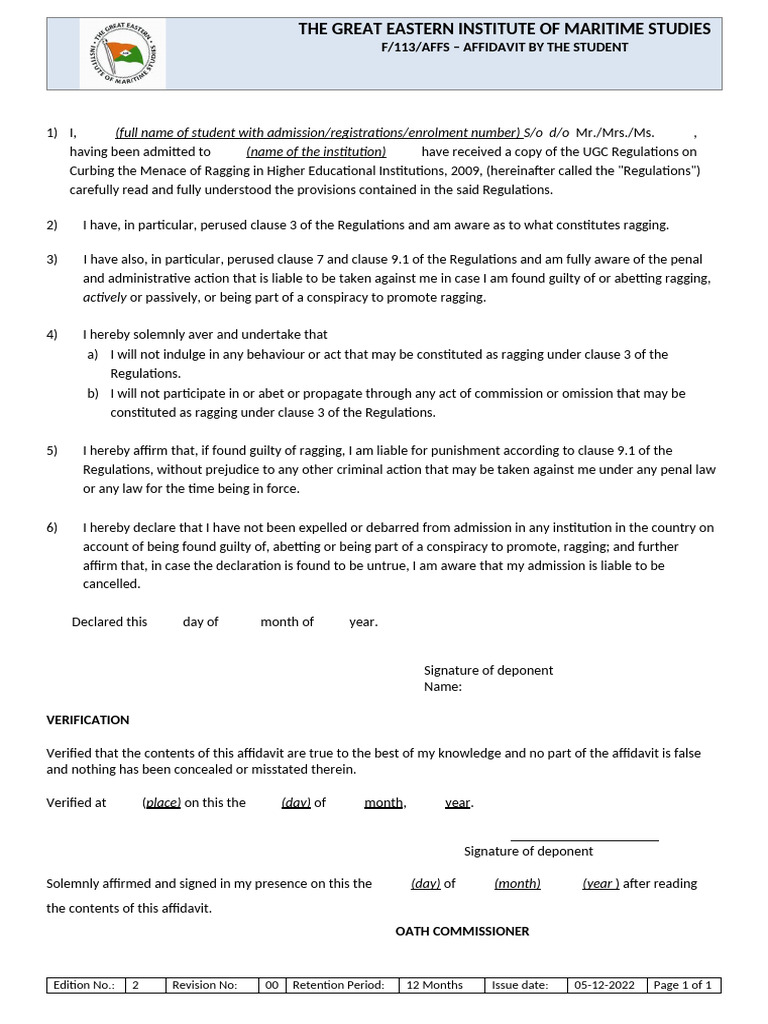 F 113 AFFS - Affidavit by The Student Rev 00 | PDF | Affidavit | Justice