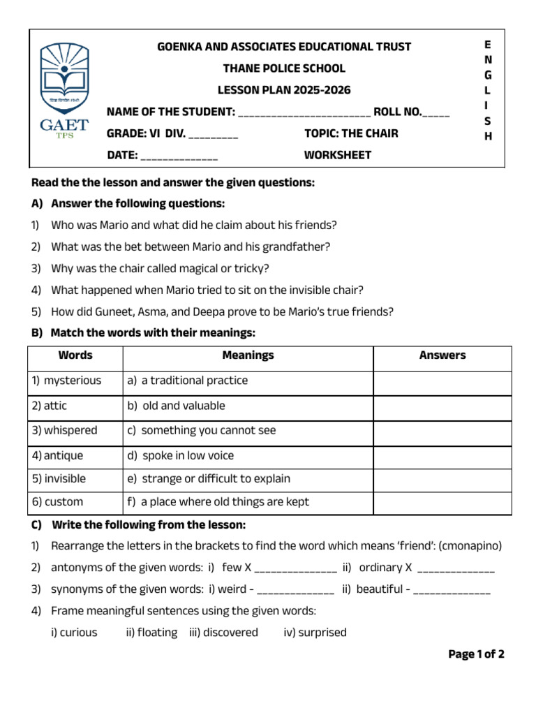 Class 6 Lesson Plan: The Chair | PDF