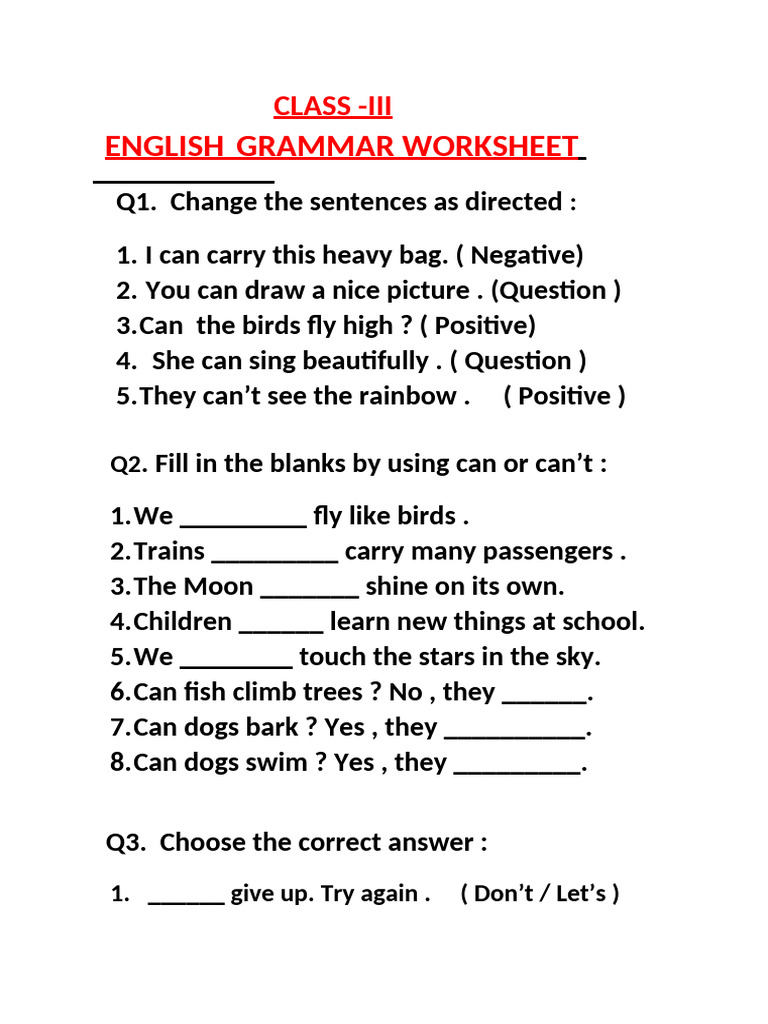 Class 3 PT2 Grammar Revision Worksheet | PDF