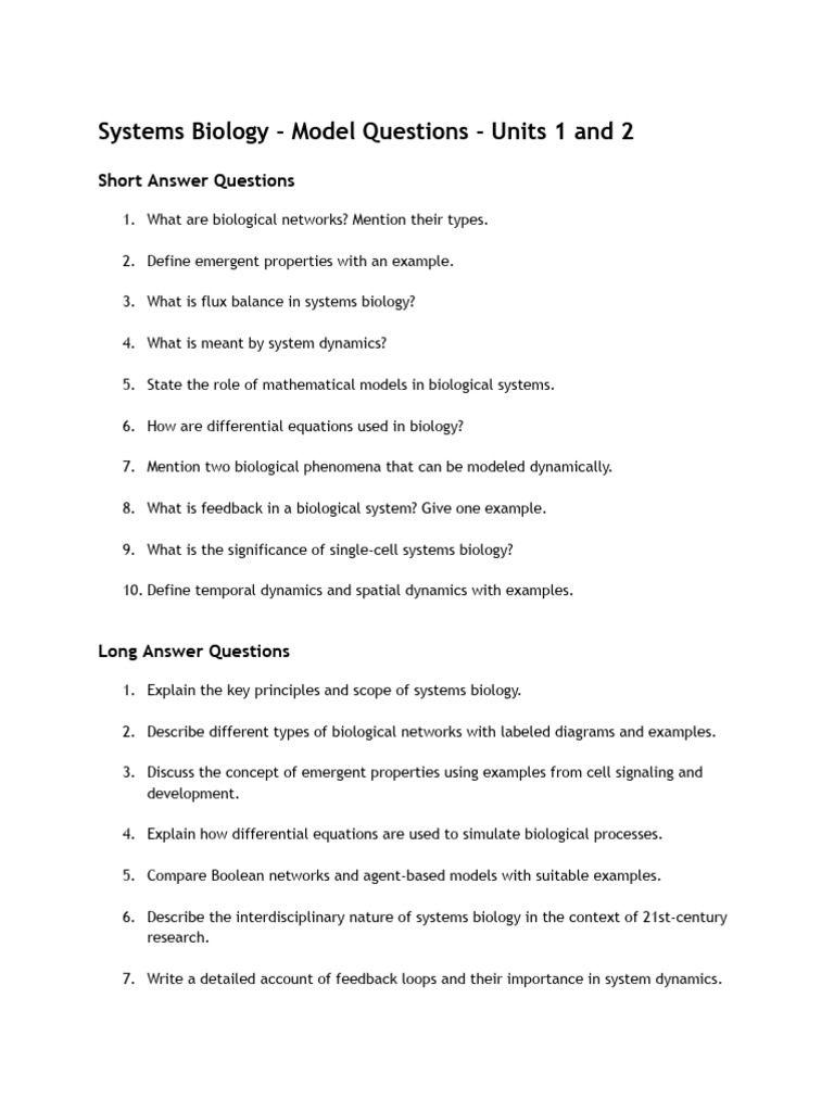 Systems Biology Model Questions Units 1 and 2 | PDF | Systems Biology ...