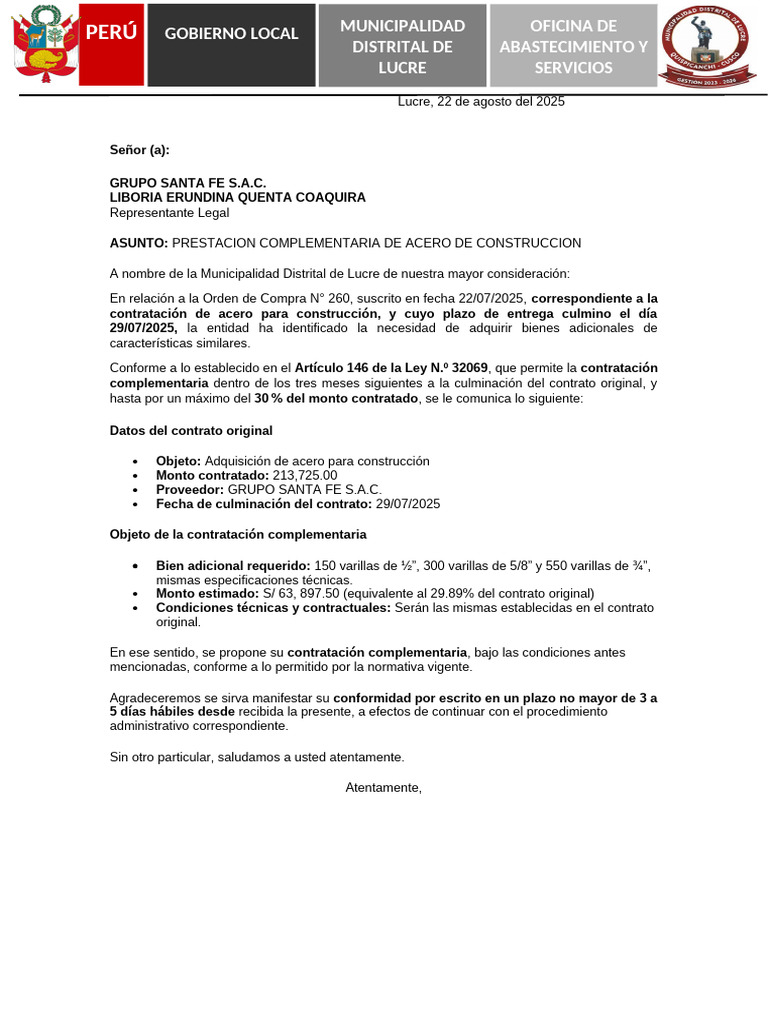 Carta de Contrato Complementario | PDF