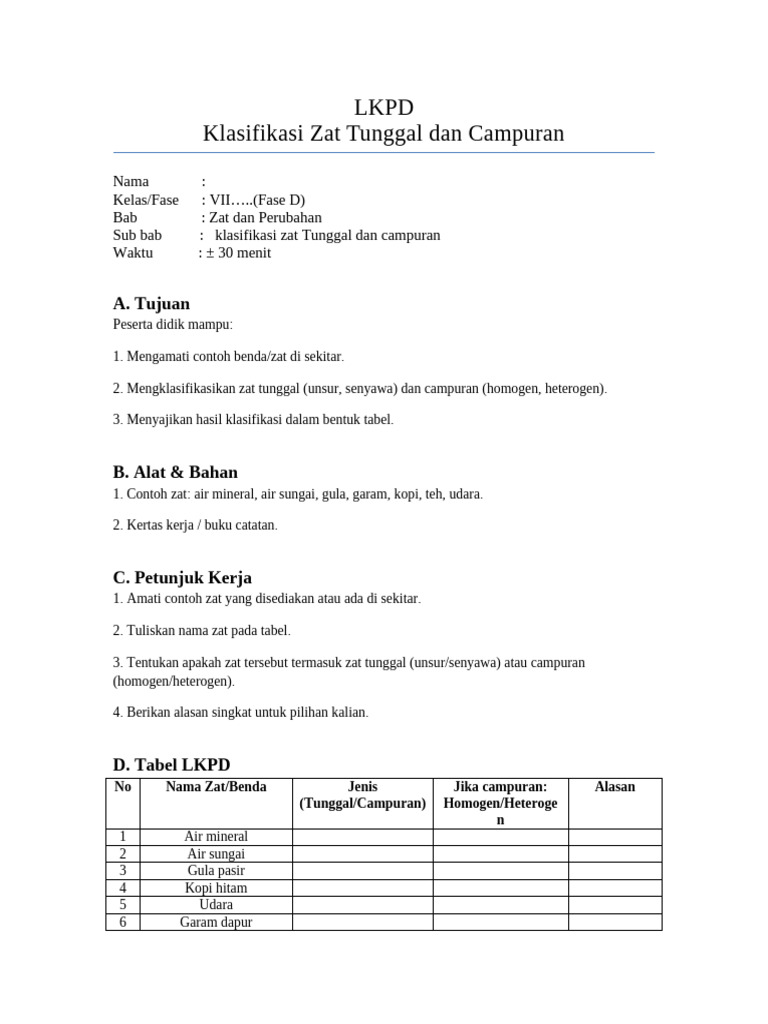 LKPD Klasifikasi Zat Tunggal Dan Campuran | PDF