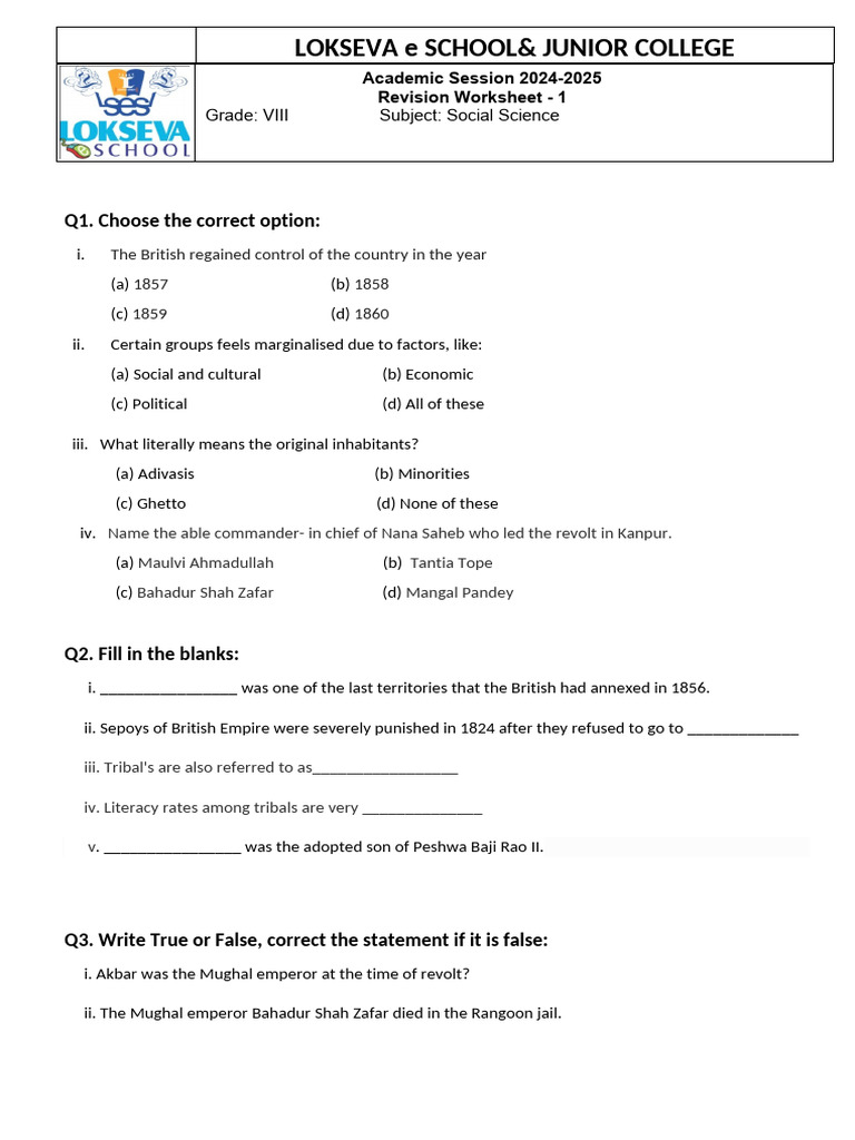 Grade 8 SST Revision Worksheet-1 | PDF