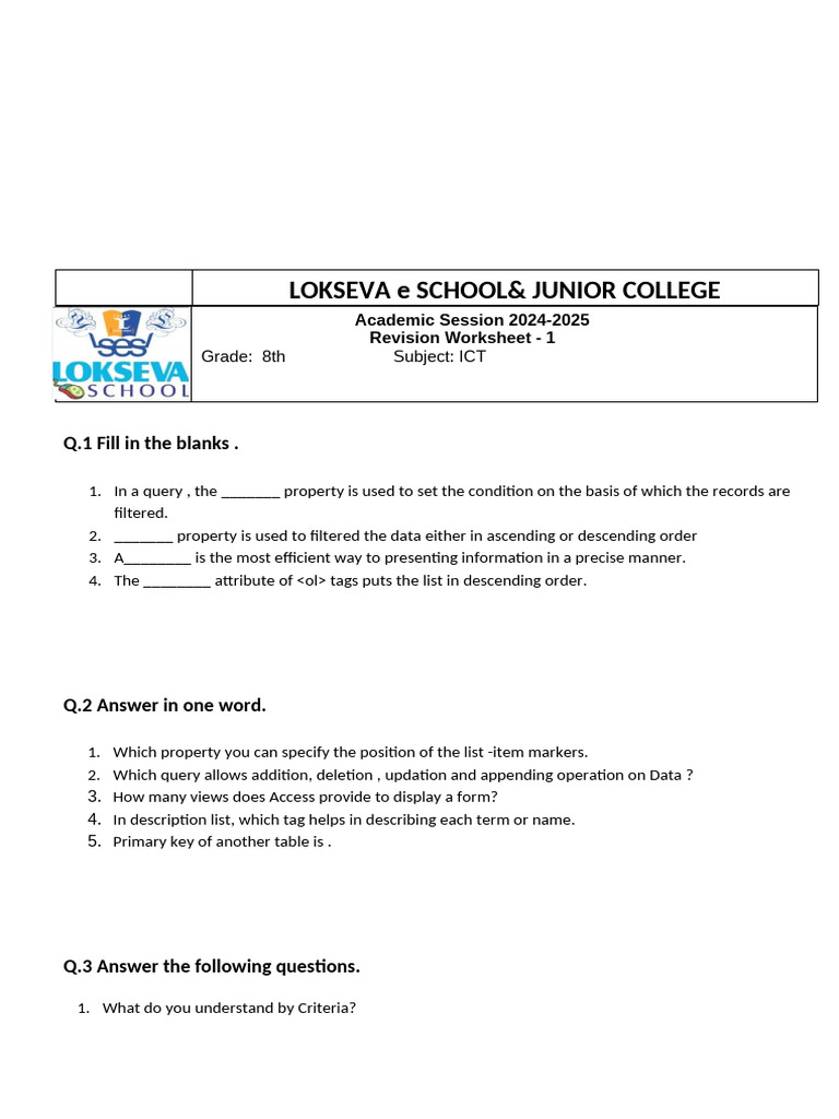 Class 8 ICT Revision Worksheet | PDF
