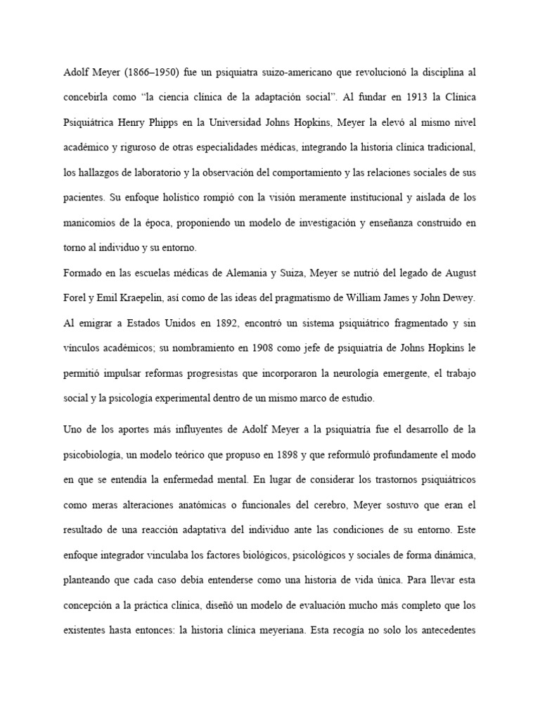 Legado de Adolf Meyer en Psiquiatría | PDF | Psiquiatría | Psicología ...