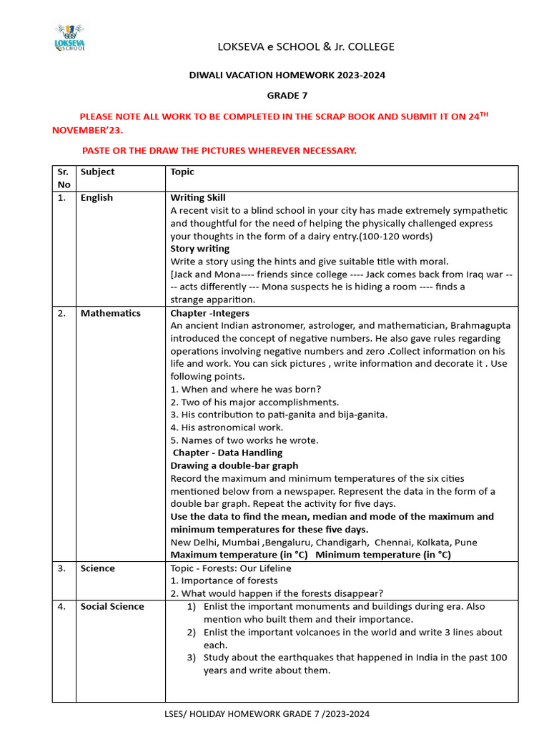 Grade 7 Diwali Vacation Homework 2023 | PDF