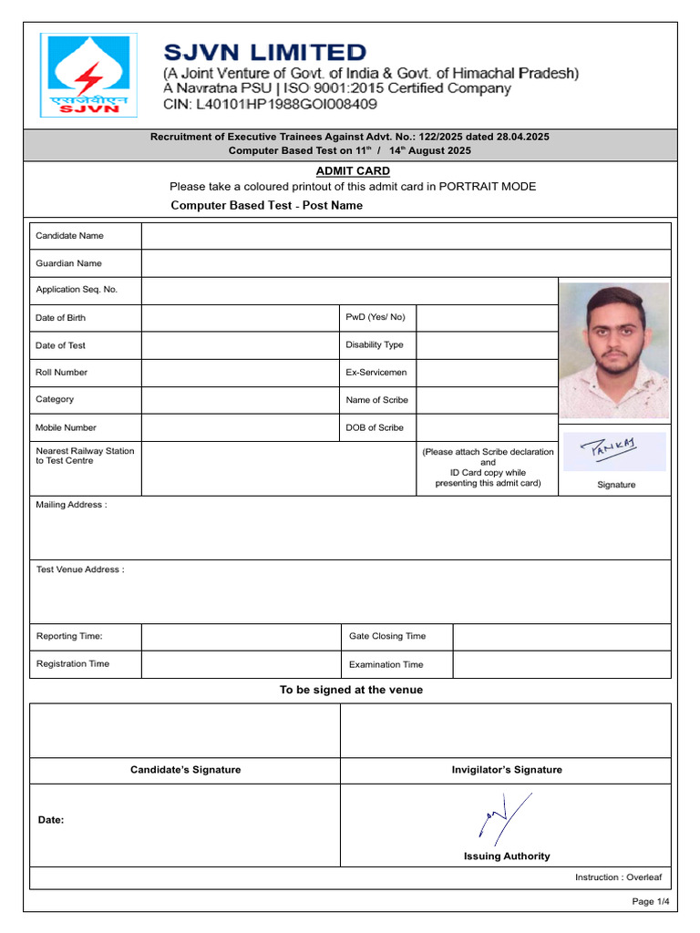 Admit Card Instructions for Trainee Test | PDF | Identity Document