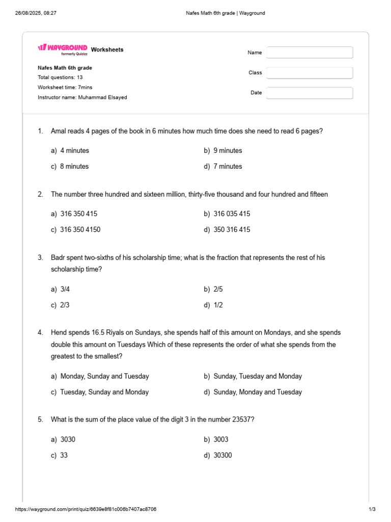 Nafes Math 6th Grade - Wayground | PDF