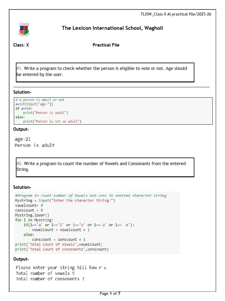 Class 10 AI Practical File 2025-26 | PDF | Computer Programming | Computing