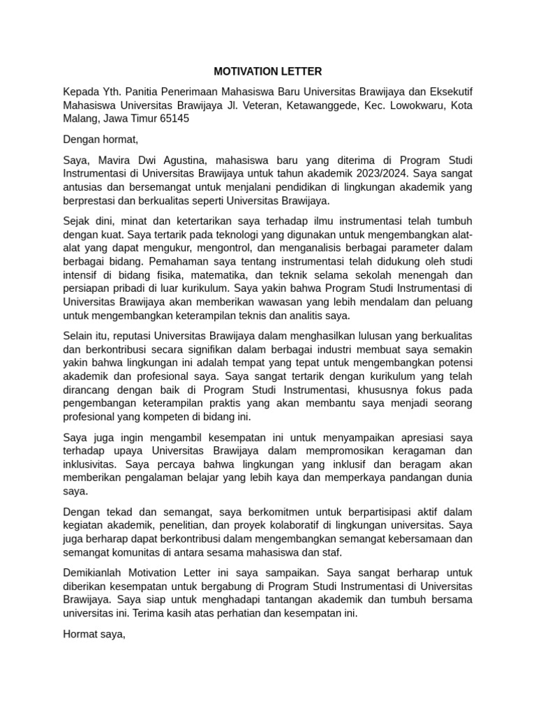 Surat Motivasi Mahasiswa Baru UB | PDF